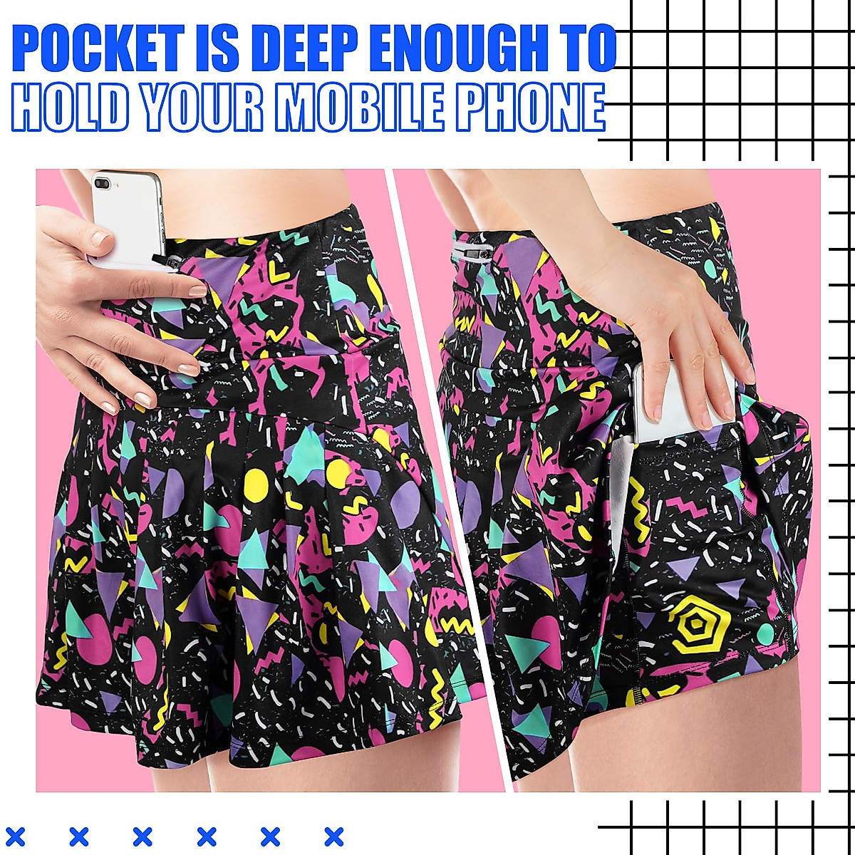 Retro 80s 90s Skirt for Women Tennis Skirt Golf Skirt High Waisted Athletic Skirts with Pockets for Retro Summer Party (Fresh Color,Large)