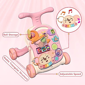 QDRAGON 3 in 1 Baby Walker and Activity Center for Baby Girl,Toddler, Learning to Walk, Sit to Stand, Early Learning Push Toys for Infant 6-12 Months Pink