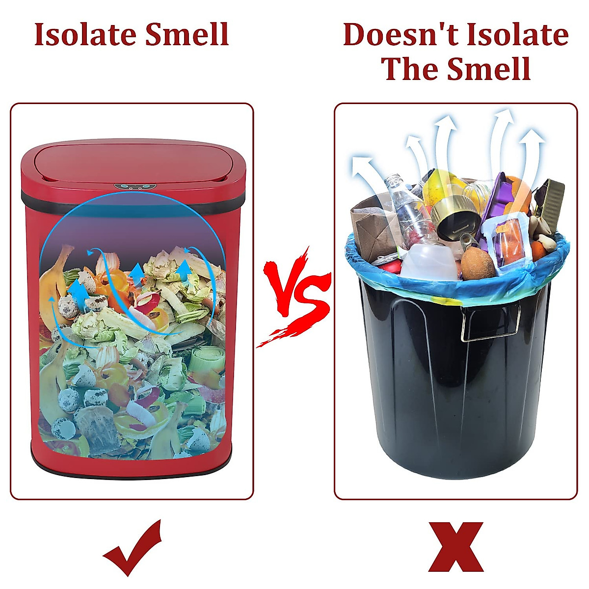 Trash Can 13 Gallon Automatic Kitchen Garbage Can Touch Free Stainless Steel Kitchen Trash Can with Lid, 50L High Capacity Electronic Touchless Sensor Trash Bin Garbage Bin Waste Bin, Red