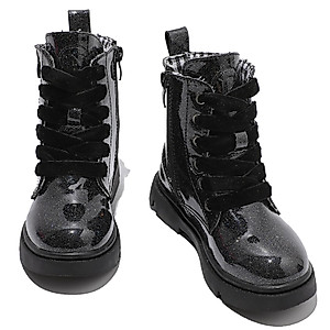 DADAWEN Boys Girls Glitter Ankle Boots Lace Up Waterproof Combat Shoes With Side Zipper for Toddler/Little Kid/Big Kid Black Glitter US Size 2 M Little Kid