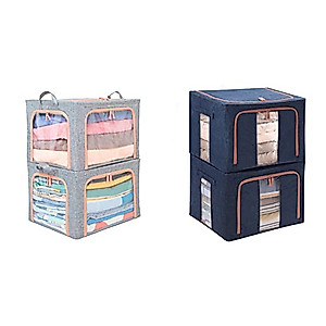 Tasmegol 4 Pack Stackable Steel Metal Frame Clothes Storage Bins Foldable Zipper Cloth Box Clothing Bags Large Clear Window Closet Containers Organizer for Bedding Sweater