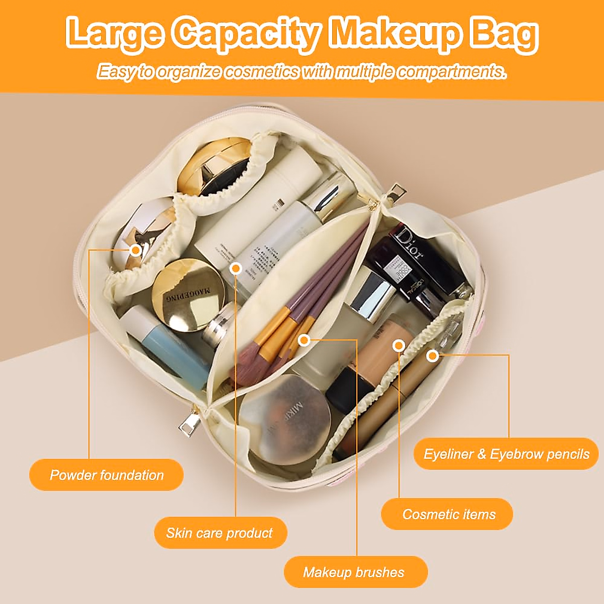 JOINDO Large Capacity Skincare Bag, Chenille Letter Preppy Makeup Bag, PU Leather Large Capacity Travel Cosmetic Bag with Divider and Handle, Gift for Women