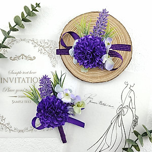 Ciandid Purple Hydrangea Wrist Corsage and Boutonniere set for Wedding Set of 6, 3PCS Groom Groomsman Boutonnieres & 3PCS Bride Bridesmaid Wrist Corsages Wristlet Band Bracelet Flower for Wedding Prom