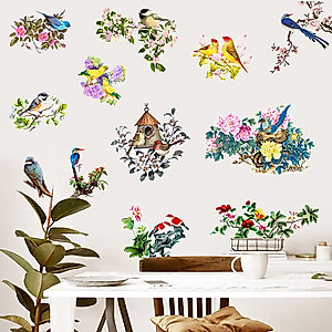 Birds on Tree Branches Wall Decals,Cardinal Birds Flowers Wall Stickers Spring Summer Robinbird Decor for Home Kitchen Office Kids DIY Supply