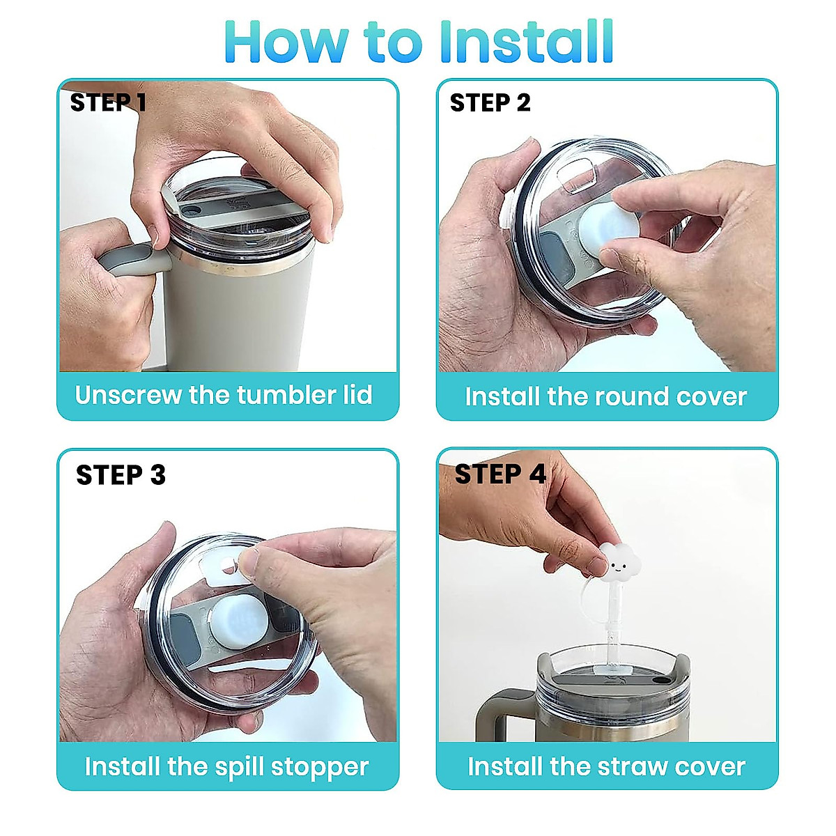 BOSORIO Spill Stopper Set Compatible with Stanley Quencher H2.0/1.0 30&40 OZ Tumbler with Handle, 2 Cloud Shape Straw Covers for 10mm Straws and 4 Leak Proof Cup Accessories