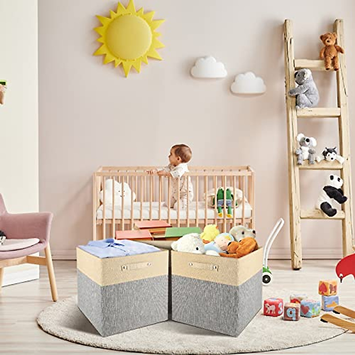 Awekris Storage Cubes, 13 Inch Foldable Storage Bins with Sturdy Handles, 3 Pack Fabric Clothes Organizer Storage Baskets for Home Office Closet, Clothes, Toys, Beige