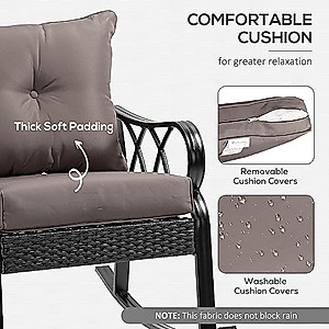Outsunny Outdoor Wicker Rocking Chair with Padded Cushions, Aluminum Furniture Rattan Porch Rocker Chair w/Armrest for Garden, Patio, and Backyard, Grey
