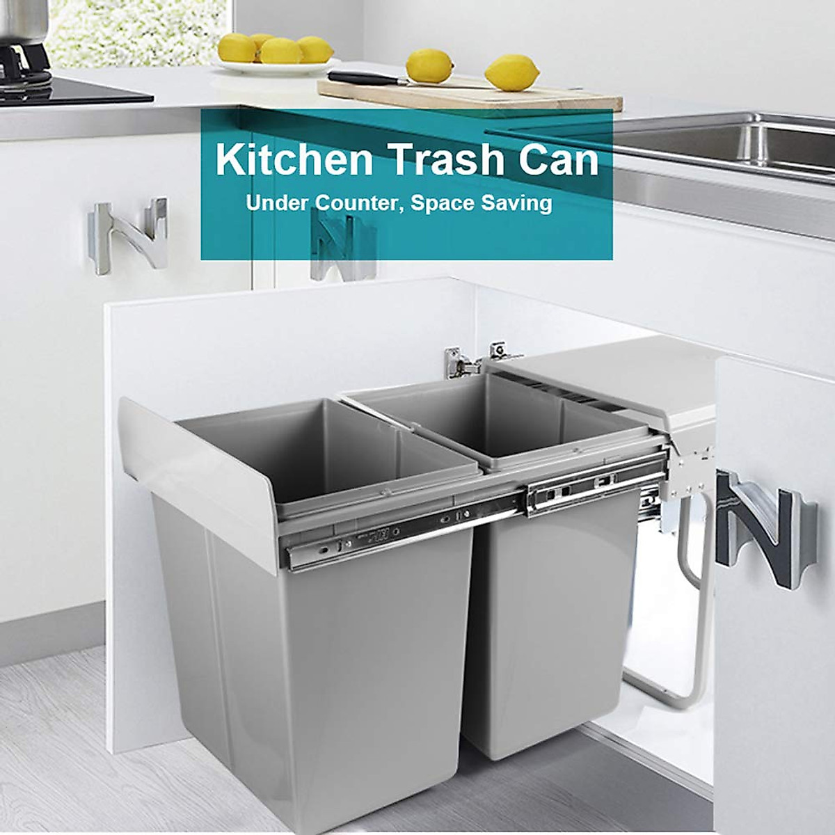 MYOYAY 40L Pull Out Dual Trash Can 2 x 21 Quart (42 Qt) Under Cabinet Double Recycling Trash Can with Lid Kitchen Waste Bin Container Sliding Out Under Counter Garbage Can, 40 Liters