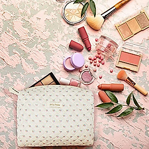 Zeyune 2 Pcs Cotton Quilted Makeup Bag Large Travel Coquette Aesthetic Cute Floral Makeup Bag for Women Girls, Beige