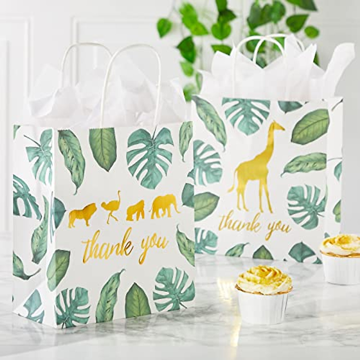 Juvale 12 Pack Safari Thank You Bags with Tissue Paper, Wild One 1st Birthday Themed Decorations for Girls and Boys (8 x 9 x 4 In)