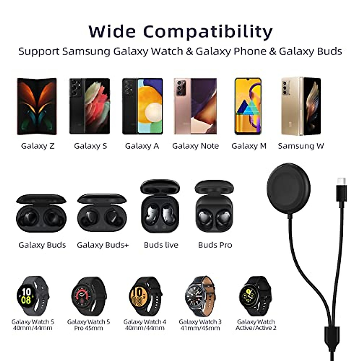 Watch Charger for Galaxy Watch 5 Pro/5/4/3/Active 2/1/Galaxy Watch, USB C Charging Cable Compatible for Samsung Galaxy S22/S21/S20/S10/Note 20/10/9/8 and More,5 ft 2 in 1 Charger Cable