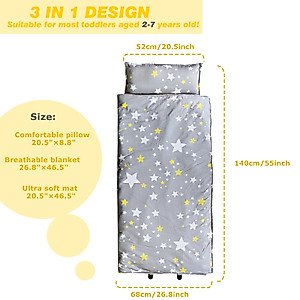 Hi Sprout Minky Dot Toddlers Nap Mat with Removable Pillow and Soft Blanket, Lightweight Daycare Preschool Kindergarten Sleeping Bag, Travel Slumber for Kids Girls Boys-Stars