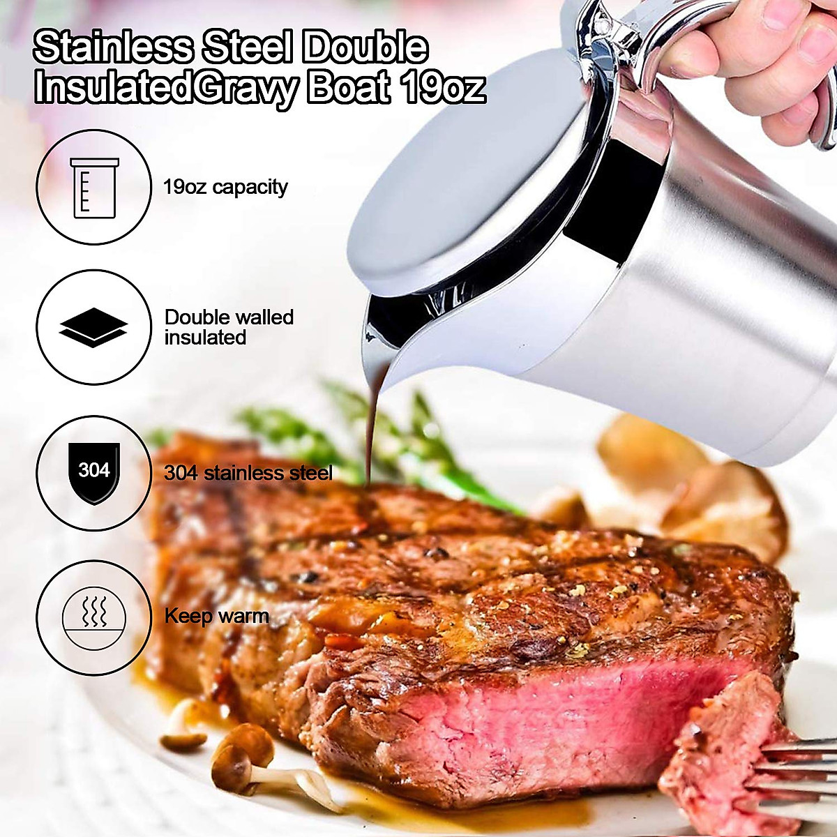 IAXSEE Gravy Boats, Gravy Warmer, Double Wall Stainless Steel Make, Creamer Pitcher and Caramel Sauce for Coffee, 16 oz Stainless Steel Pitcher (16 oz)