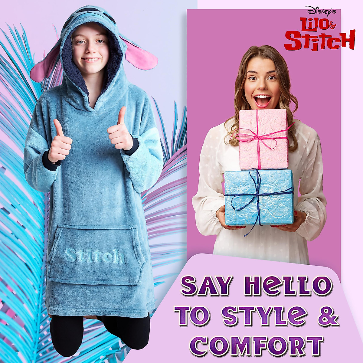 Disney Stitch Fleece Hoodie Blanket for Kids and Teenagers - One Size Fluffy Oversized Hoodie - Stitch Gifts (Blue Stitch)