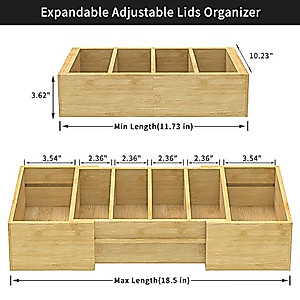 Retro Shaw Expandable Bamboo Food Container Lid Organizer, Lid Organizer for Cabinet, Adjustable Lid Organizer for Plastic Lids and Covers Storage, Lid Organizer Rack with Adjustable Dividers