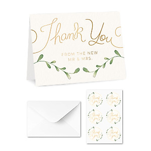 Rileys & Co Thank You Wedding Cards with Envelopes & Stickers, 100 Bulk Pack, Gold Foil, Mr and Mrs Thank You Notes Bulk Cards, | Thank You From the New Mr & Mrs. (Gold)