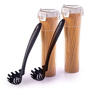 Plasutil Set of 2 Airtight Spaghetti Pasta Container, Cylinder Shaped Noodle Container + 2 Kitchen Supply Spaghetti Server for Kitchen Pantry Organization and Storage