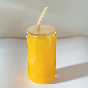 Kichvoe Glass Cups with Wood Lids and Straws 500ml Wide Mouth Drinking Mason Glass Tumbler Reusable Beer Cans Glasses Iced Coffee Glass Juice Bo Ba Cup Milk Cup for Home Office--Blue