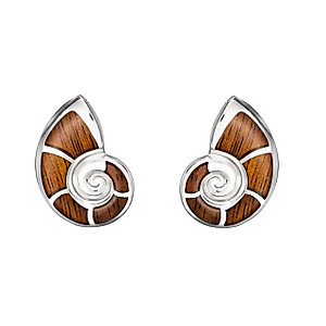 925 Sterling Silver Hawaiian Koa Wood Inlay Nautilus Sea Shell Stud Earrings, Hawaii Ocean Jewelry, Nickle Free Hypoallergenic for Sensitive Skin