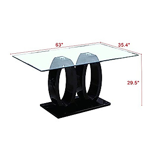 Modern Dining Table for 6, 63" Dining Room Table with Glass Top Dining Table with Black Wood Support,Glass Kitchen Table/Dinner Table for 4-6 People