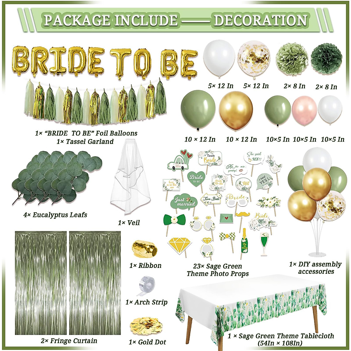 LFSTGN 310 Pcs Sage Green Bridal Shower Decorations, Bachelorette Party Decorations Favors - "BRIDE TO BE" Banner, Veil, Balloon, Photo Props, Tableware with Eucalyptus Leaf for 25 Guests