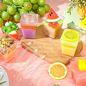 CHENGU 150 Pack 4.5 oz Square Clear Plastic Dessert Cups with Lids and Spoons Parfait Appetizer Cups for Tasting Party Desserts Appetizers Fruit Parfait Mousse Pudding