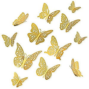 Butterfly Wall Decor Sticker, 144 Pcs 3 Size 6 Styles, 3D Gold Removable Butterfly Sticker Decor for Birthday Party, Wedding Balloon Garland, Christmas, Girls Kids Room