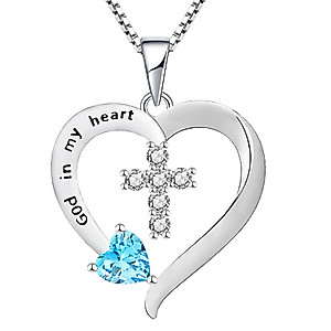 YL Women's Heart Cross Necklace 925 Sterling Silver Created Aquamarine God in my heart'' Pendant Crucifix Jewelry
