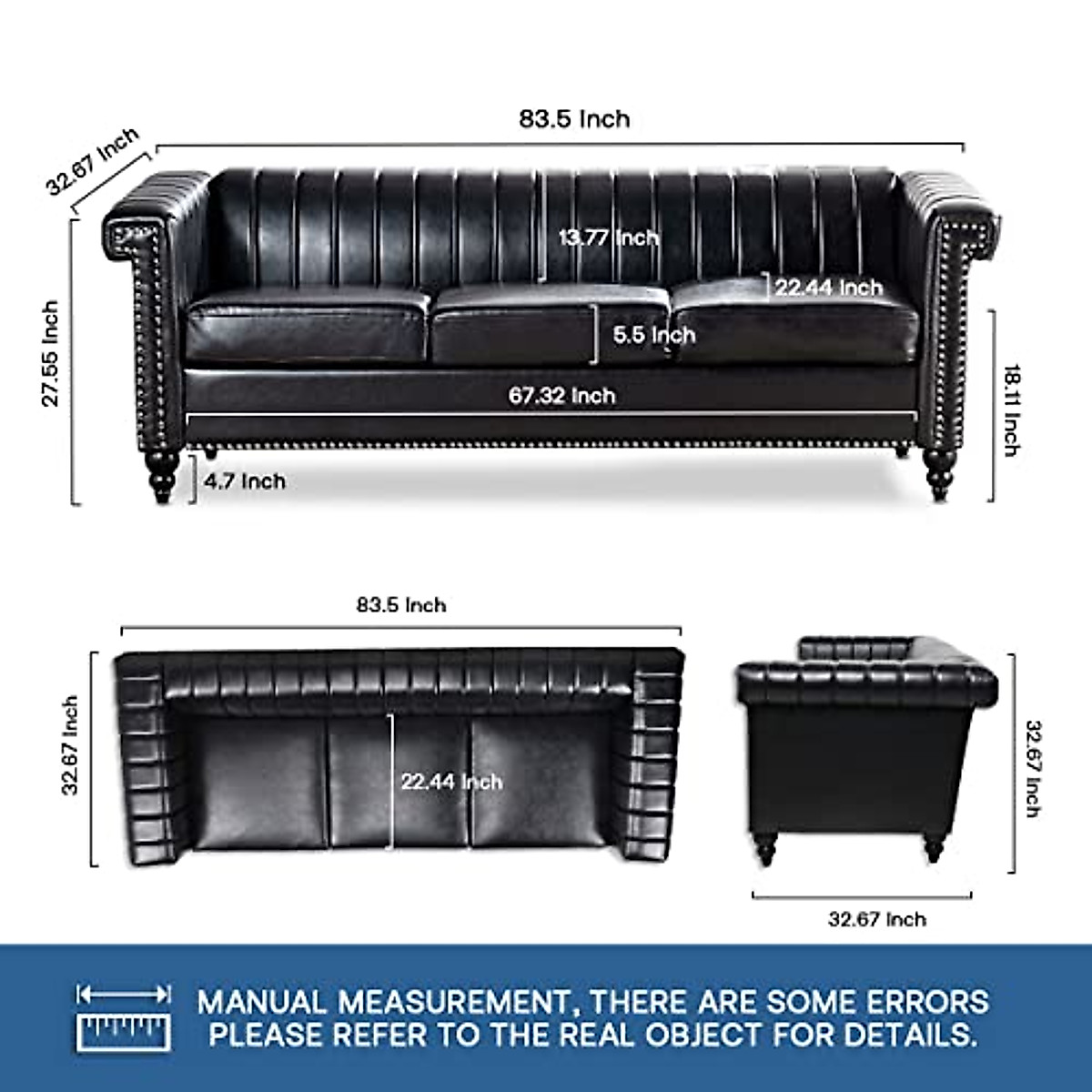 KUVENQIW Black Couches for Living Room Faux Leather Sofa Classic Large 3 Seater Couch Mid Century Modern Couch Deep Stripe Tufted Sofa for Bedroom, Office, Apartment.(Black)