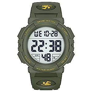 GOLDEN HOUR Mens Big Wide Screen Digital Display Waterproof Quartz Sport Watch with Resin Strap (Army Green)