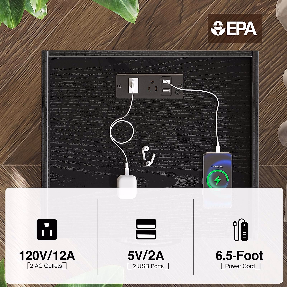 Seventable Nightstand with Charging Station and LED Lights, Modern Night Stand with 2 Drawers and Storage Open Compartment for Bedroom, Black