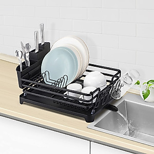 RTTRAO Luling Aluminum Dish Drying Rack, Rustproof Sink Dish Rack and Drainboard Set, Dish Drainer with Adjustable Swivel Spout, Removable Utensil Holder and Drainboard - Black
