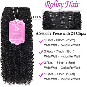 Rolisy Kinky Curly Clip In Hair Extensions Human Hair 16 Inch Curly Hair Extensions Clip In Human Hair for Black Women 3C 4A 4B Afro Kinky Curly Hair Clip Ins Soft Brazilian Remy Hair Thick Ends