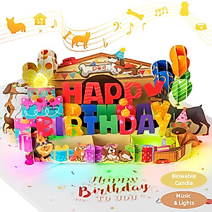 3D Musical Birthday Cards with Lights & Blowable Candle, Pet Dog Theme Funny Birthday Greeting Card, Dog Mom or Dad Bday Popup Cards for Husband Wife Friend and Every Dog Lover Play Song 'Happy Bday'