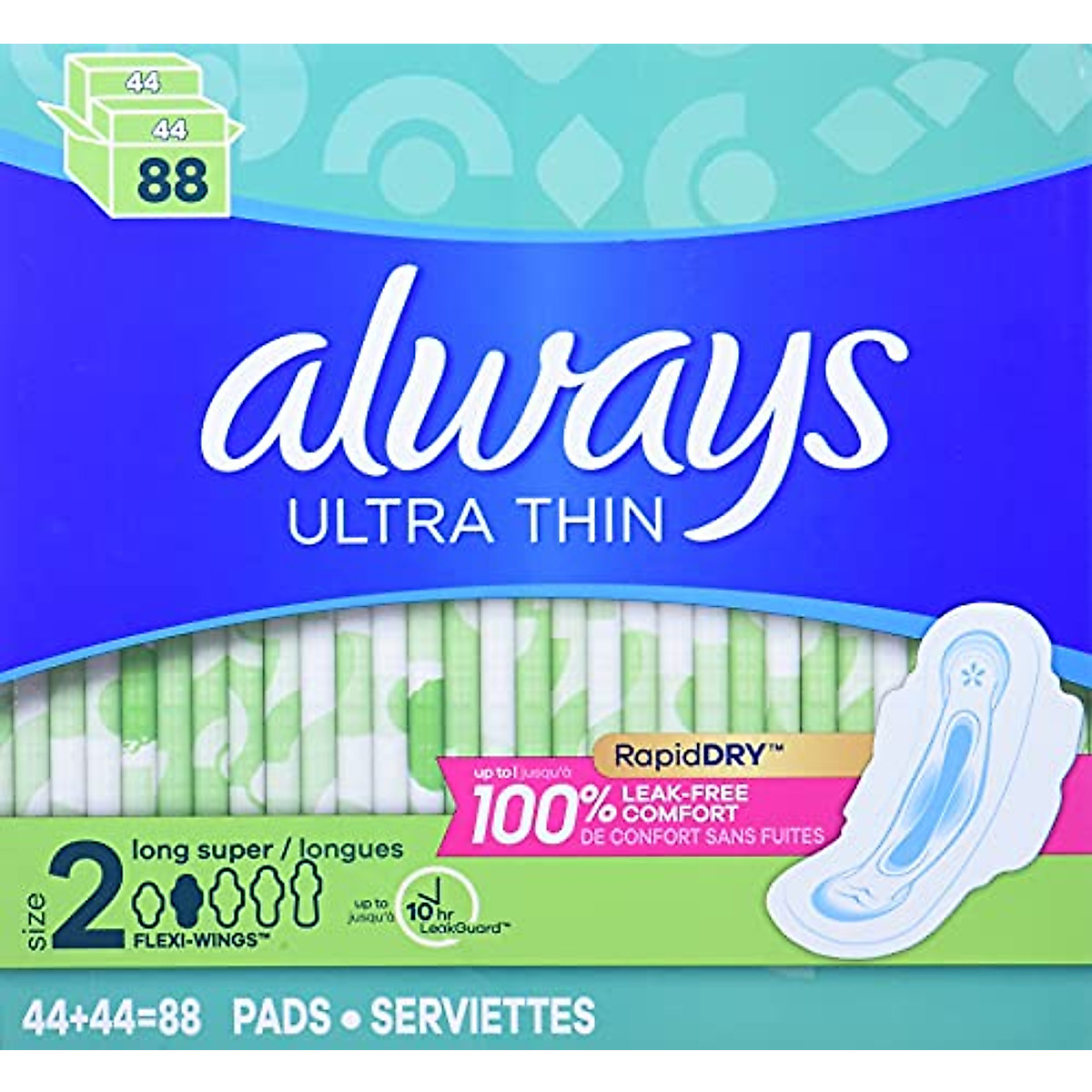 Always Ultra Thin Feminine Pads with Wings, Long/Super, Unscented, 88 Count