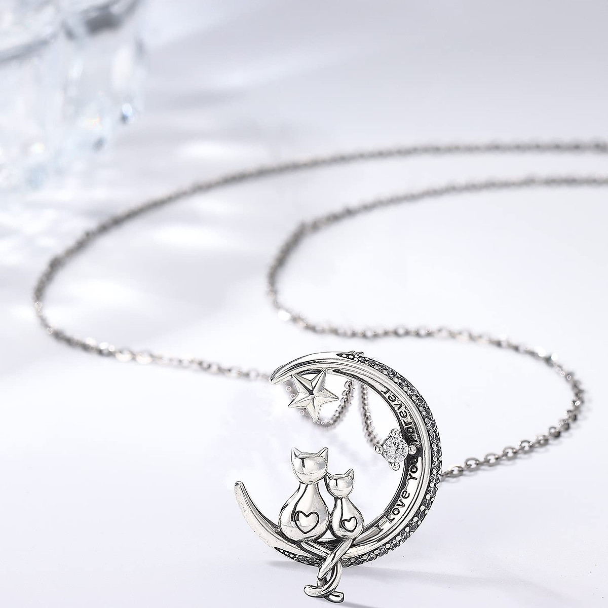 Odinstone Cat Necklace, S925 Sterling Silver Cat on Moon Pendant with Cubic Zirconia, Cat Jewelry Mothers Day Gifts for Mum with Gift Package - I Love You Forever