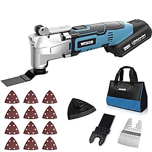 WESCO 20V Cordless Oscillating Tool Kit, 2.0Ah Oscillating Multi-Tool, 3° Oscillation Angle, 6 Variable Speed 5000~20000 OPM, 16pcs Universal Accessories Kit for Sanding Cutting