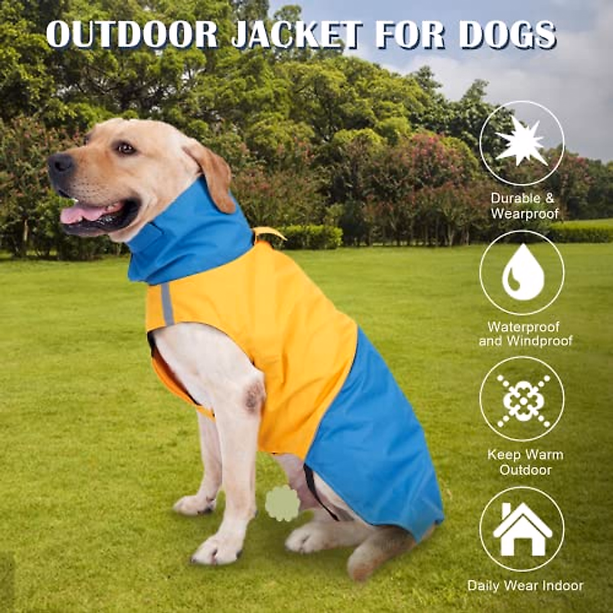 ROZKITCH Dog Jacket Waterproof Dog Raincoat with Harness Opening & Reflective Strip for Small Medium Large Dog, Windproof Adjustable Rainwear with Hook&Loop Closure, Pet Vest Blue-Yellow 3XL