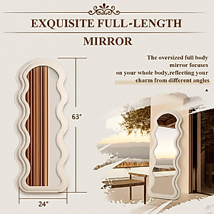 ABSWHLM Arched Full Length Mirror 63"x24" Irregular Wavy Mirror with Flannel Wrapped Wood Frame Floor Mirror for Living Room, Bedroom Hanging or Leaning Wall-Mounted, Milk White