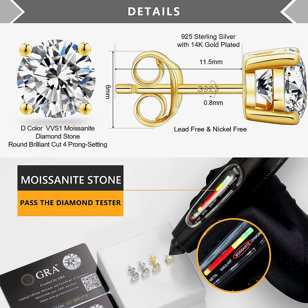 KRKC&CO Moissanite Earrings for Men, Dazzling Studs Earrings, S925 Sterling Silver, 4-Prong, 1.2-3.0CT, D Color, VVS1, Gold Jewelry Gifts For Him(5.5mm, 0.6ct*2, gold)