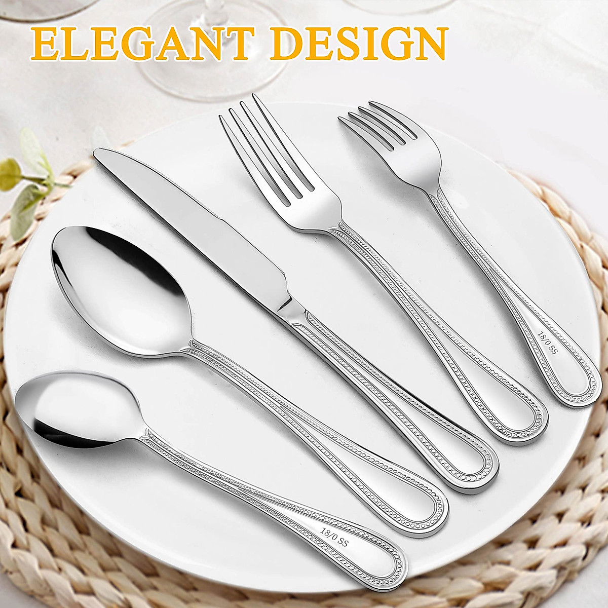 LIANYU Silverware Flatware Set for 8, 40-Piece Stainless Steel Eating Utensils with Pearled Edge, Cutlery Tableware for Home Kitchen Restaurant Party, Mirror Finished, Dishwasher Safe