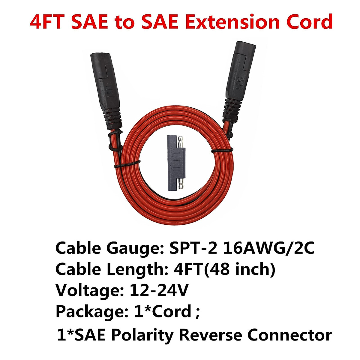AEISVIK SAE to SAE Connector Extension Cable - 4ft 12V-24V Battery Charging Cord with Dust Cap 2 Pin Quick Connect Disconnect Plug DC Connection for Camp Trailer Solar Panels