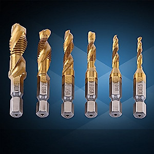 6pcs Tap Drill Bits Set, HSS M3-M10 Coated Combination 1/4" Hex Shank Screw Thread Metric Tap Drill