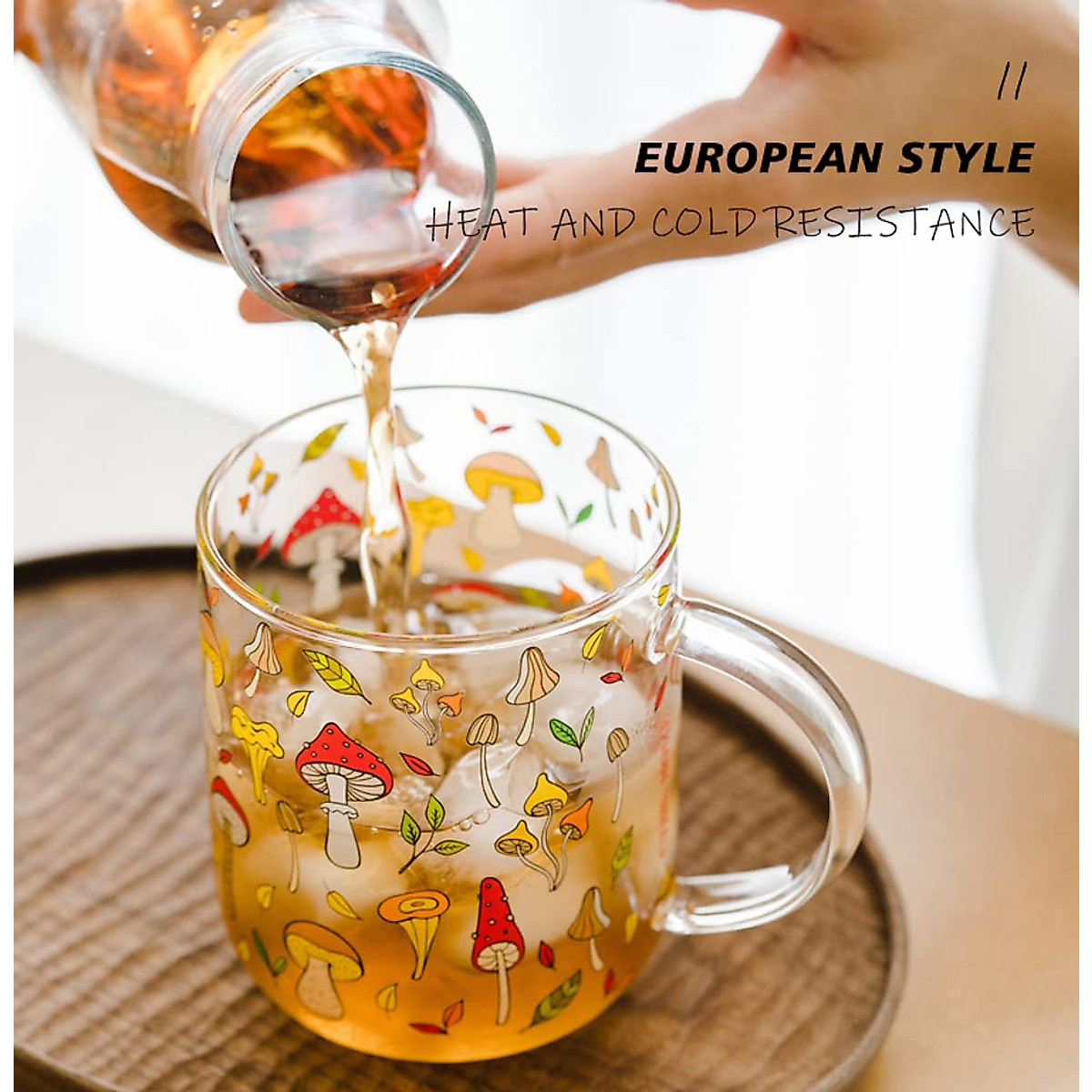 Mushroom Glass Mug with Gold Spoon Aesthetic Glass Cup with Cute Mushroom Patterns Mushroom Coffee Milk Mug Tea Cup Breakfast Drinking Mushroom Stuff (with Spoon)