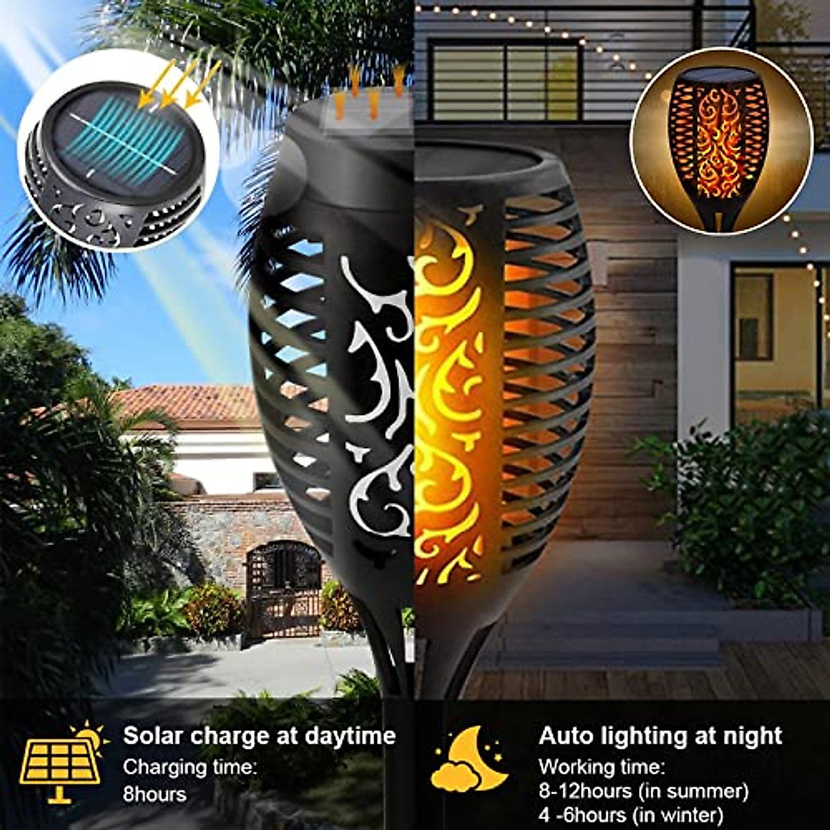 Solar Outdoor Waterproof Lights, Solar Powered Torces with Flickering Flame,Christmas Decorations Solar Garden Lights - 8Packs