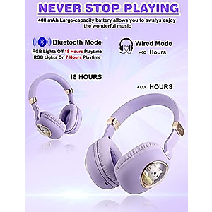 Usoun Kids Wireless Headphones, Bluetooth Over Ear Headphones with Cute Cat Colorful LED Lights,Wireless&Wired,Foldable,Build-in Mic,Bluetooth Headphones for Kids Girls Teens Adults,School (Purple)