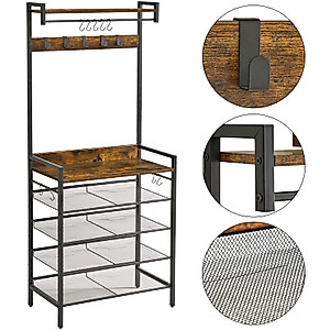 IBUYKE Coat Rack Shoe Rack, 4 in 1 Multi-Function Hall Tree with Slant Adjustable Shoe Storage, 5-Tier Storage Shelf and 9 Hooks Removable, Industrial Accent Furniture for Entryway, UTXJ008H