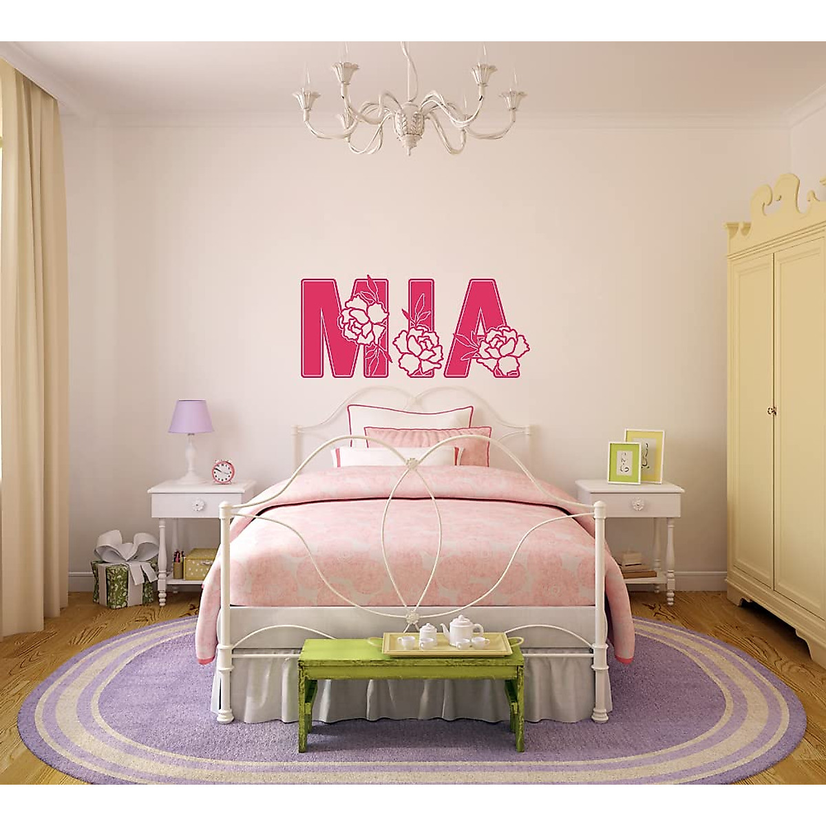 Rose Custom Name Vinyl Wall Decal Sticker Art for Girls, Flower Theme Bedroom and Nursery Room Home Decor for Kids