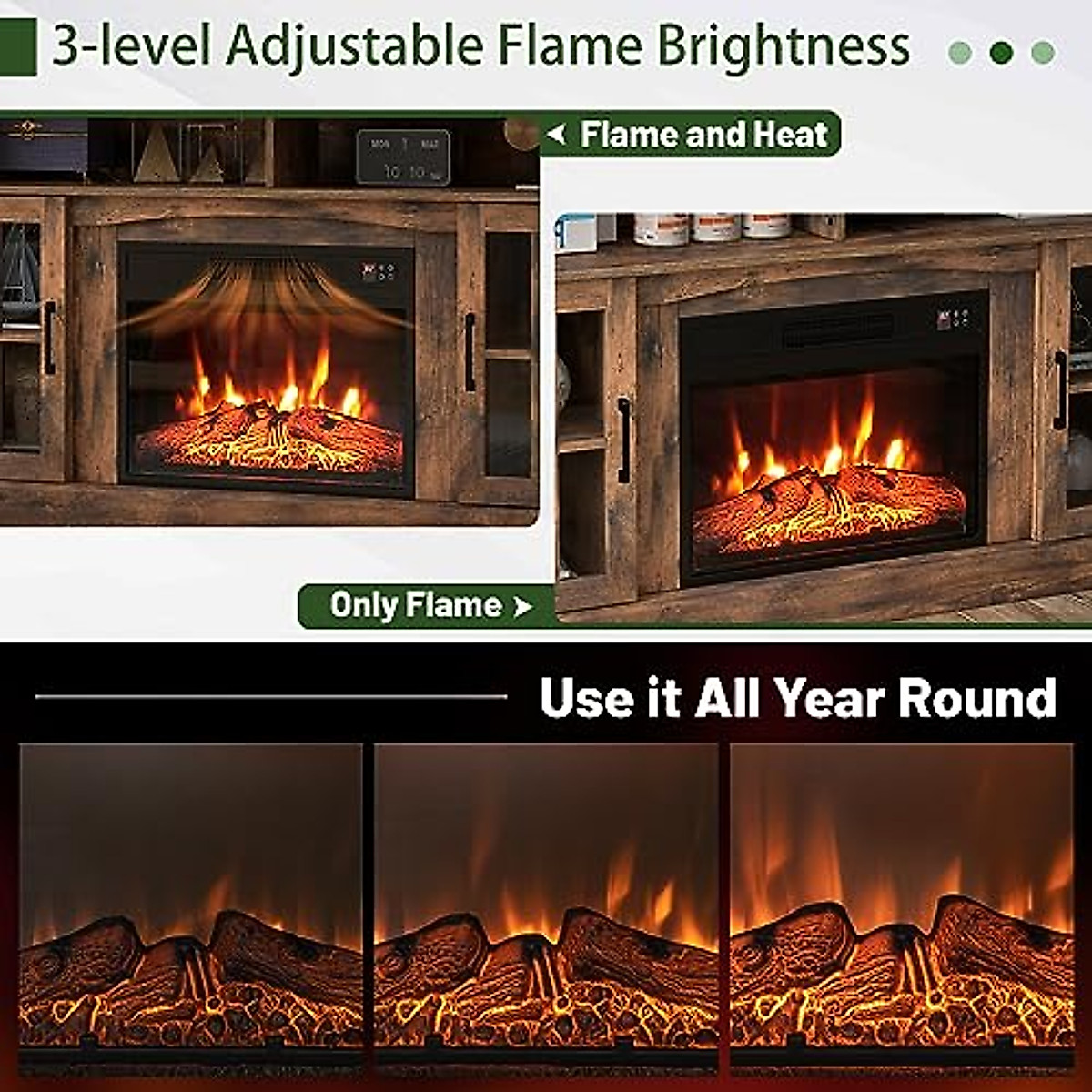 SIMOE 58 Inches Fireplace TV Stand with 23 Inch Fireplace, Electric Fireplace TV Console for TVs up to 65", Entertainment Center with 2 Cabinets & Remote Control, Brown