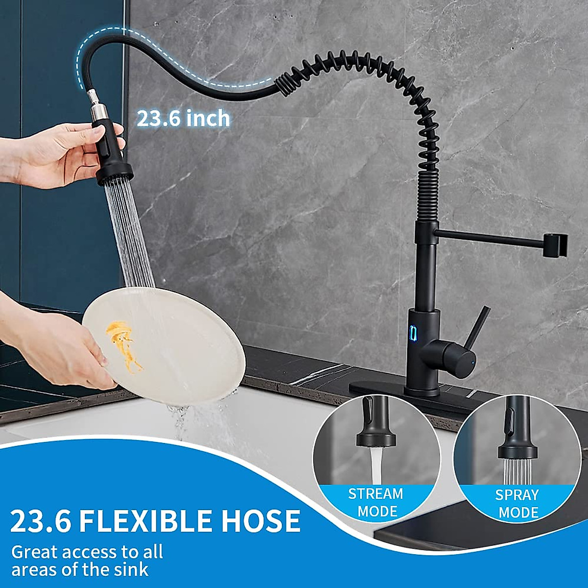 Black Touchless Kitchen Faucet with Pull Down Sprayer, WOTOKOL LED Light Smart Hands-Free Single Handle Kitchen Sink Faucet Motion Sensor Stainless Steel
